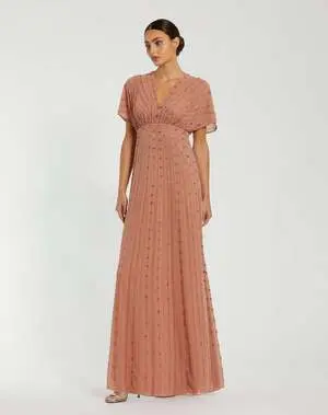 Mac Duggal Pink Beaded Short Sleeve V-neck Gown