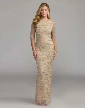 Mac Duggal Beige Beaded Fringe Column Gown