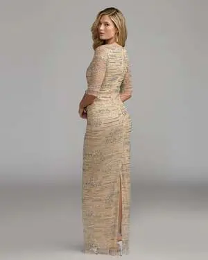 Mac Duggal Beige Beaded Fringe Column Gown
