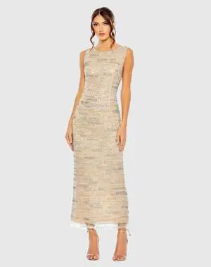 Mac Duggal Sleeveless Embellished Dress With Fringe Hem - Neutral