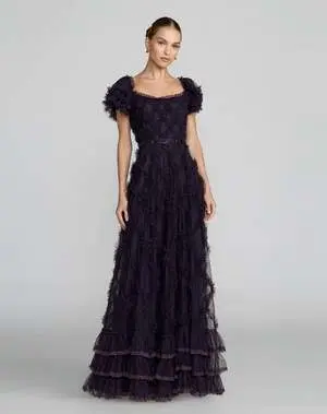 Mac Duggal Tiered Ruffle Puff Sleeve Gown