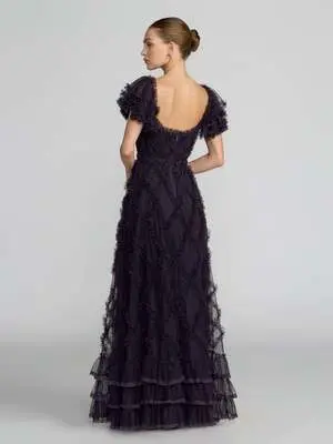 Mac Duggal Tiered Ruffle Puff Sleeve Gown