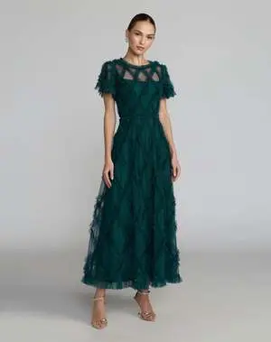 Mac Duggal Blue Short Sleeve High Neck Ruffle Dress - Teal