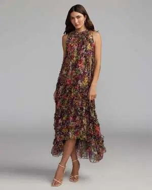 Mac Duggal Sleeveless Floral Micro Ruffle Trapeze Midi Dress - Multicolor