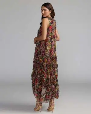 Mac Duggal Sleeveless Floral Micro Ruffle Trapeze Midi Dress