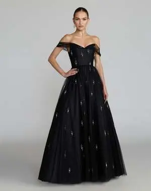 Mac Duggal Pearl Embellished Off The Shoulder Ball Gown - Black