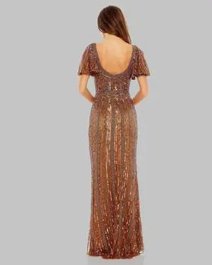 Mac Duggal Brown Beaded Flutter Sleeve Column Gown