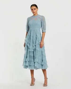 Mac Duggal Petite High Neck Ruffle Tiered A-line Midi Dress - Blue