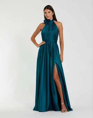 Mac Duggal Teal Halter Neck Open Back Satin Gown With Slit - Blue