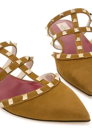 Valentino Garavani Rockstud Suede Pointed Toe Mules - Camel