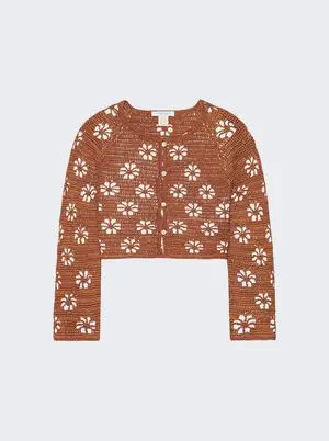 Calle Del Mar Floral Crochet Cardigan Suede - Brown
