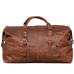 TOURI Zip Detail Genuine Leather Holdall Weekender - Brown