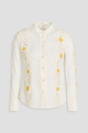 Zimmermann Floralappliquéd Lacetrimmed Linen Shirt - Ivory