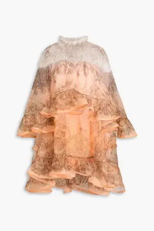 Zimmermann Faux Pearl Embellished Ruffled Paisley-print Silk Chiffon Mini Dress - Peach