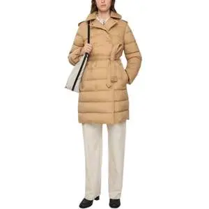 Burberry Double Breasted Belted Hooded Puffer Coat - Beige