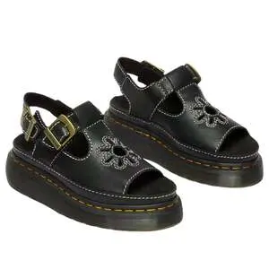 Dr. Martens Floral Detail Leather Platform Sandals - Black