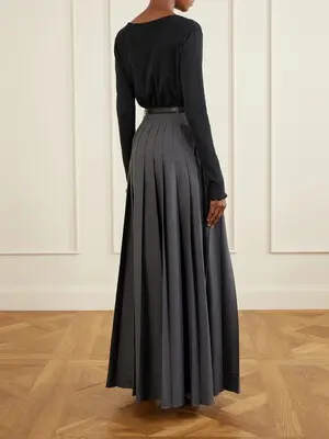 SELF-PORTRAIT Belted Pleated Grain De Poudre Maxi Skirt