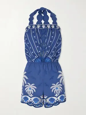 Farm Rio Engineering" Scalloped Broderie Anglaise Linen-blend Playsuit - Blue