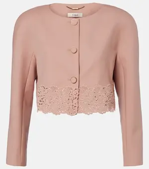 Chloé Cropped Virgin Wool Gabardine Jacket With Lace Trim