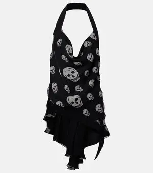 Alexander McQueen Skull Print Asymmetrical Halterneck Chiffon Top - Black