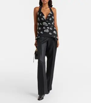 Alexander McQueen Skull Print Asymmetrical Halterneck Chiffon Top - Black