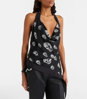 Alexander McQueen Skull Print Asymmetrical Halterneck Chiffon Top - Black
