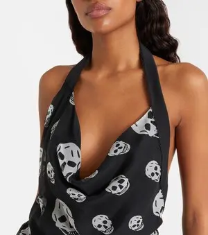 Alexander McQueen Skull Print Asymmetrical Halterneck Chiffon Top - Black