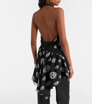 Alexander McQueen Skull Print Asymmetrical Halterneck Chiffon Top - Black