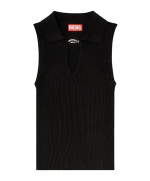 DIESEL® Sleeveless Rib-knit Silk Blend Polo Top - Black