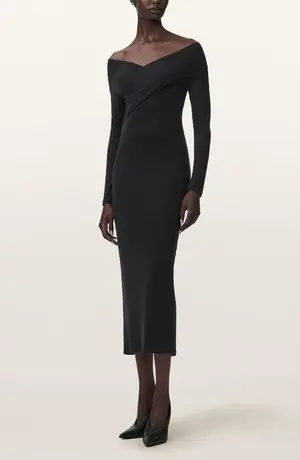 ALLSAINTS Delta Off-the-shoulder Long Sleeve Jersey Midi Dress - Black