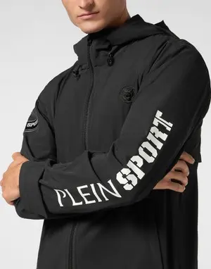 PLEIN SPORT Technical Nylon Hooded Windbreaker Jacket With Long Sleeves - Black
