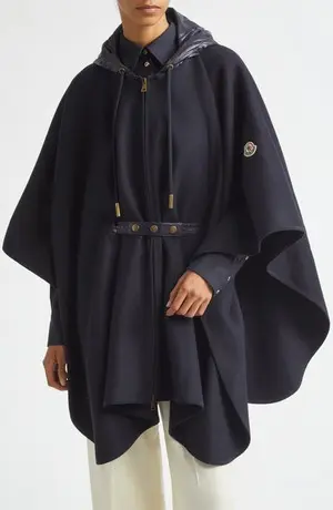 Moncler Zip Padded Wool Blend Hooded Cape - Blue