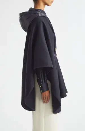 Moncler Zip Padded Wool Blend Hooded Cape - Blue