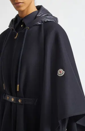 Moncler Zip Padded Wool Blend Hooded Cape - Blue