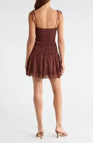 ALL IN FAVOR Shirred Tie Shoulder Lace Trim Mini Dress - Brown