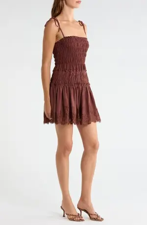 ALL IN FAVOR Shirred Tie Shoulder Lace Trim Mini Dress - Brown