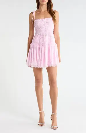 ALL IN FAVOR Shirred Tie Shoulder Lace Trim Mini Dress - Pink