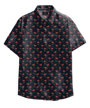 VUSTRA Flamingo Print Short-sleeve Button-down Shirt - Blue/red