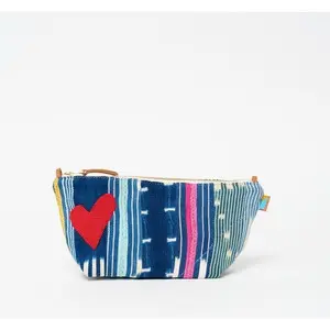 UBUNTU LIFE Large Convertible Pouch In African Baule Cloth With Red Beaded Heart Applique - Multicolor