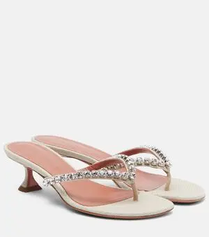 Amina Muaddi Amina Muaddi Gigi Embellished Canvas Thong Sandals Beige