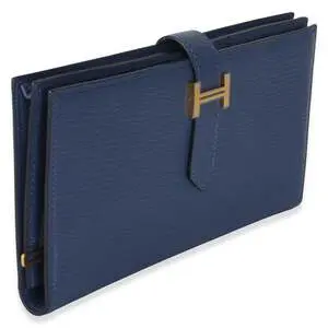Hermès Bleu Brighton Chevre Mysore Bearn Wallet Ghw - Blue