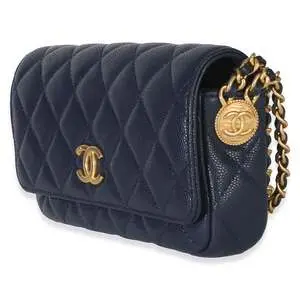 Chanel Navy Quilted Caviar Twist Your Buttons Phone Holder With Chain