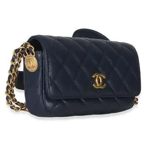 Chanel Navy Quilted Caviar Twist Your Buttons Phone Holder With Chain