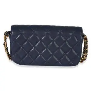Chanel Navy Quilted Caviar Twist Your Buttons Phone Holder With Chain