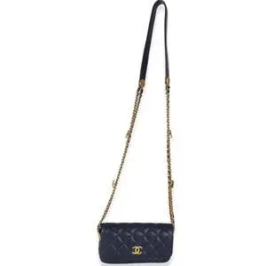 Chanel Navy Quilted Caviar Twist Your Buttons Phone Holder With Chain