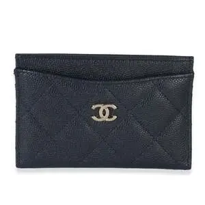 Chanel Navy Quilted Caviar Card Holder - Blue