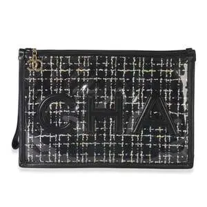 Chanel Tweed Pvc Lambskin Logo Pouch - Black