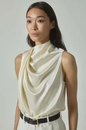 HEIRLOME Kate Twisted Draped Sleeveless Top In Silk Satin - Ivory