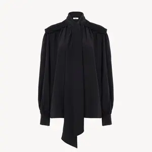 Chloé Gathered Scarf-tie Blouse In Crêpe De Chine & Lace - Black