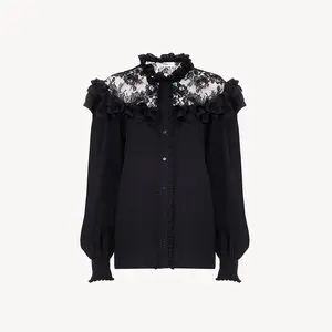 Chloé High-neck Ruffled Lace Insert Blouse - Black
